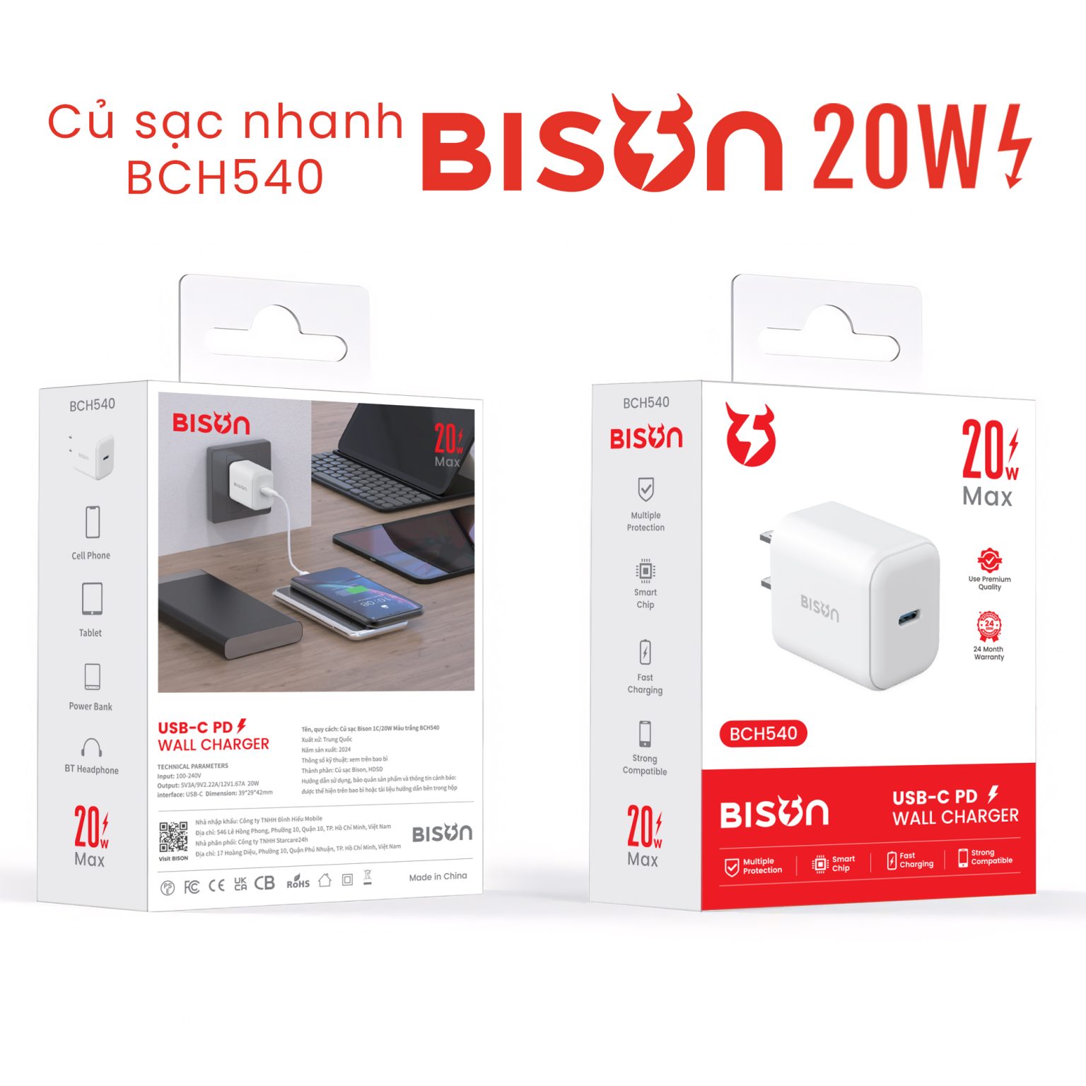 Củ sạc nhanh BISON PD 20W USB-C BCH540 chuẩn us - Đình Hiếu Mobile