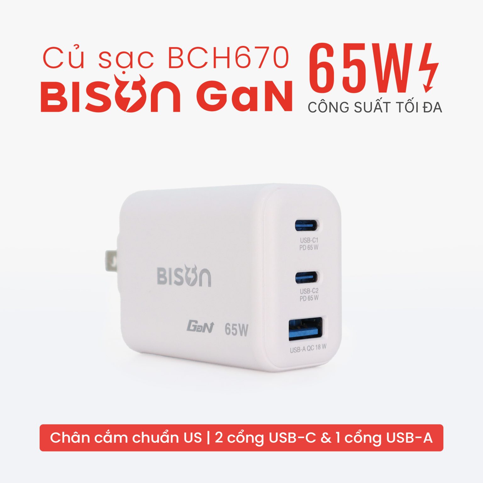 Củ sạc nhanh BISON 65W GaN 3 cổng (A+2C) BCH670 chuẩn us - Đình Hiếu Mobile