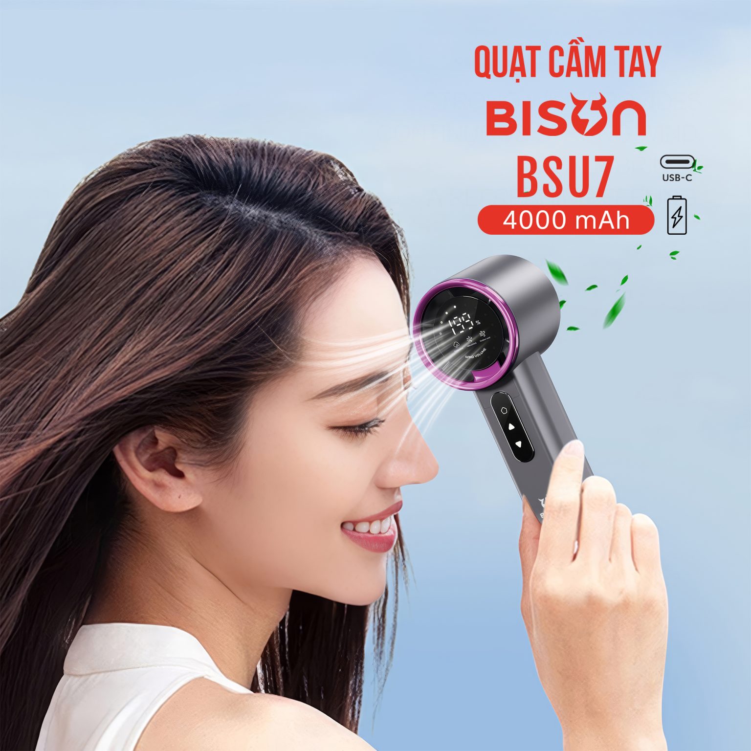 Quạt cầm tay Bison BSU7 cao cấp, tích điện 4000mAh, sạc type C, 199 tốc ...